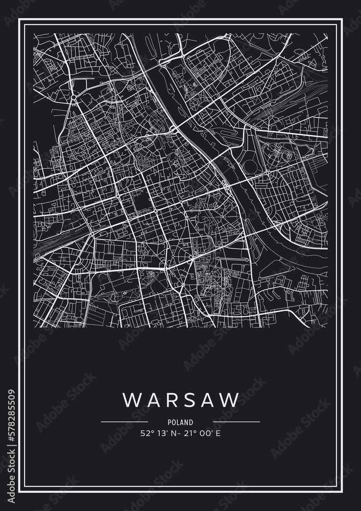 Black and white printable Warsaw city map, poster design, vector ...