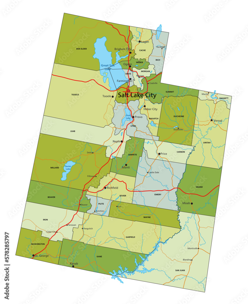 Highly detailed editable political map with separated layers. Utah ...