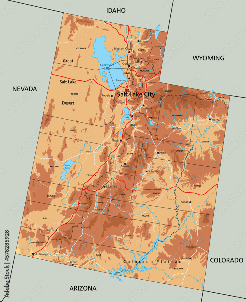Obraz High detailed Utah physical map with labeling. - Grafinia.pl Obraz High detailed Utah physical map with labeling. - Grafinia.pl