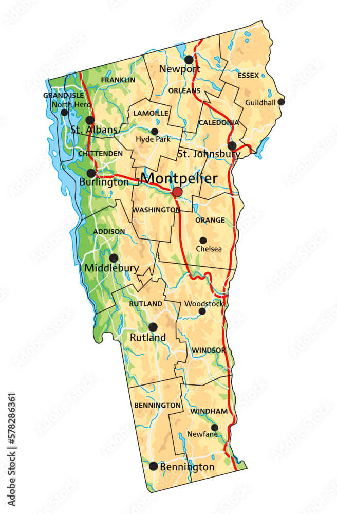 High detailed Vermont physical map with labeling. Stock Vector | Adobe ...