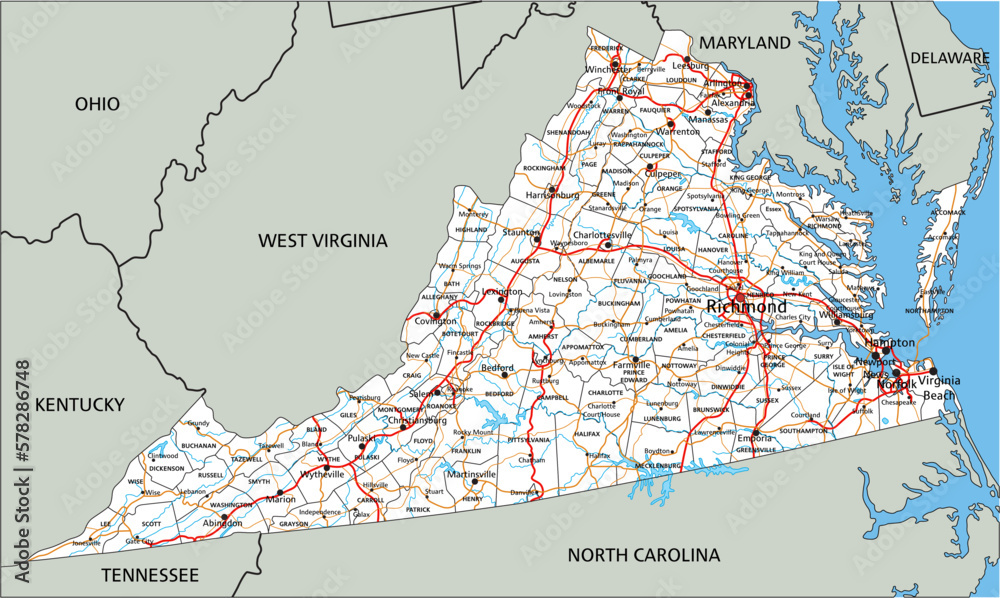 High detailed Virginia road map with labeling. Stock Vector | Adobe Stock