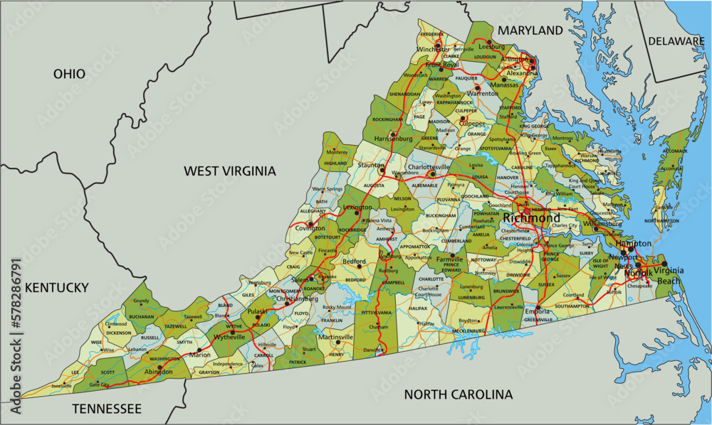 Highly detailed editable political map with separated layers. Virginia ...