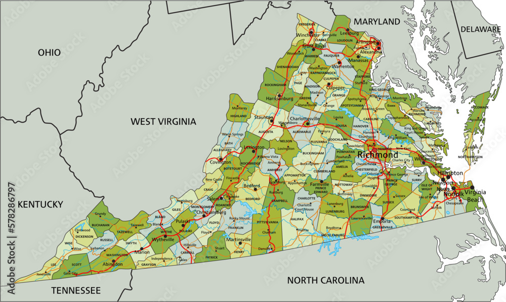 Highly detailed editable political map with separated layers. Virginia ...