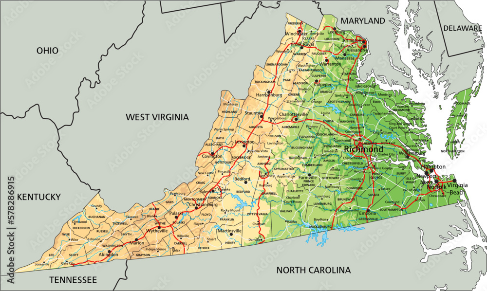High detailed Virginia physical map with labeling. Stock Vector | Adobe ...