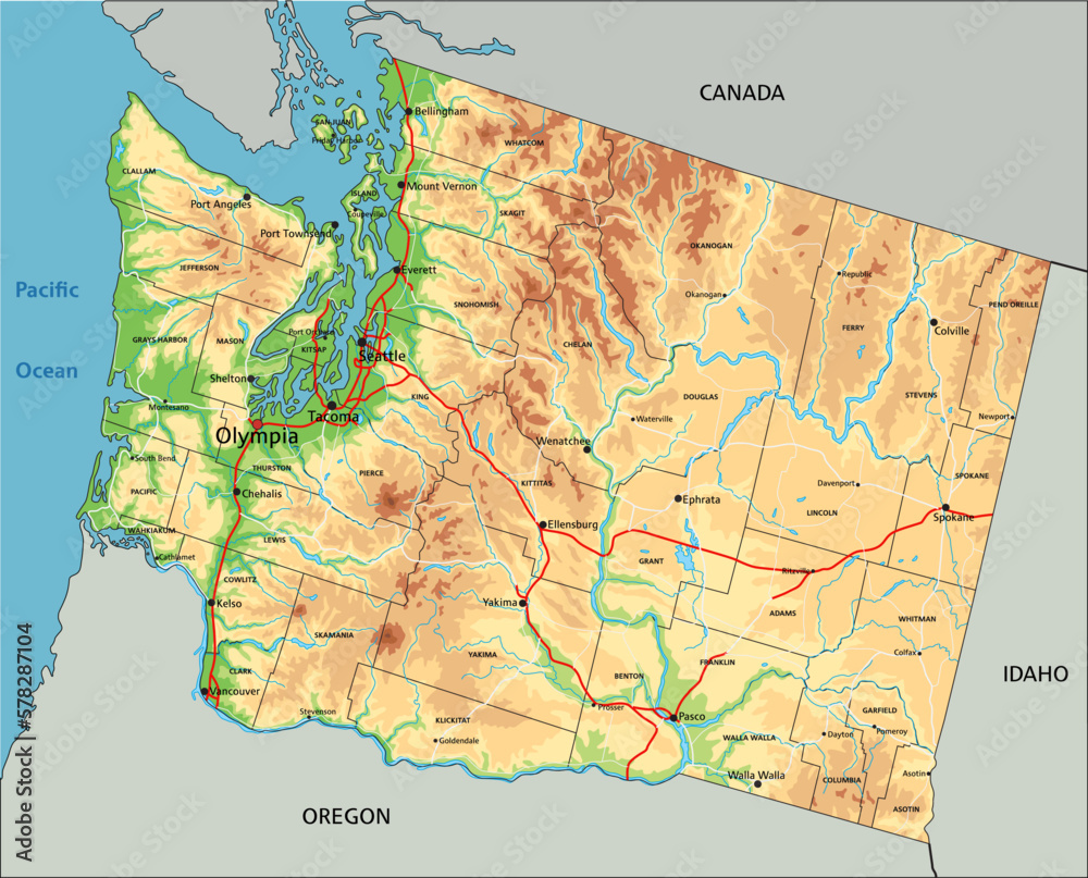 Highly detailed Washington physical map with labeling. Stock Vector ... Highly detailed Washington physical map with labeling. Stock Vector ...
