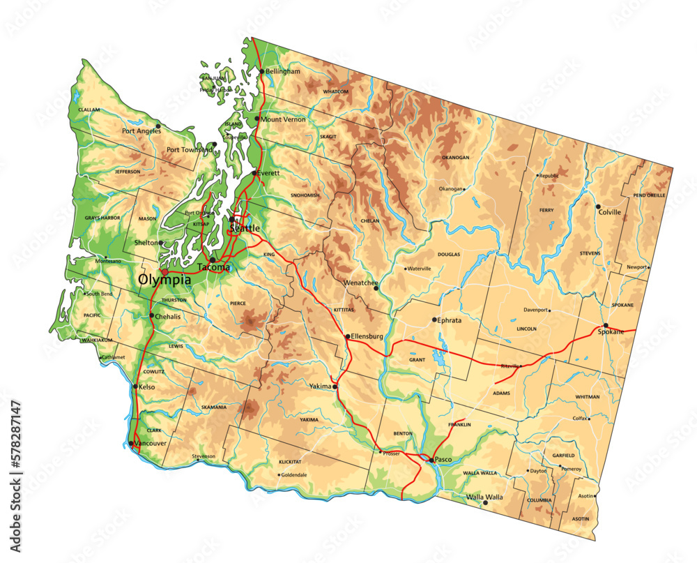 Highly detailed Washington physical map with labeling. Stock Vector ...
