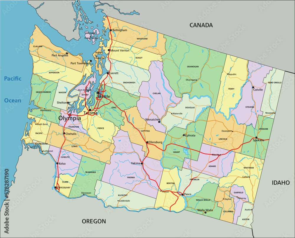 Washington - Highly detailed editable political map with labeling ...