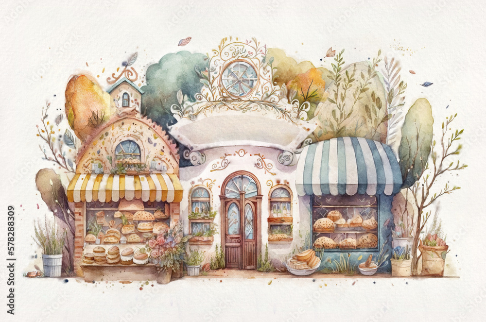 Watercolor illustration of cosy bakery shop exterior with blank ...
