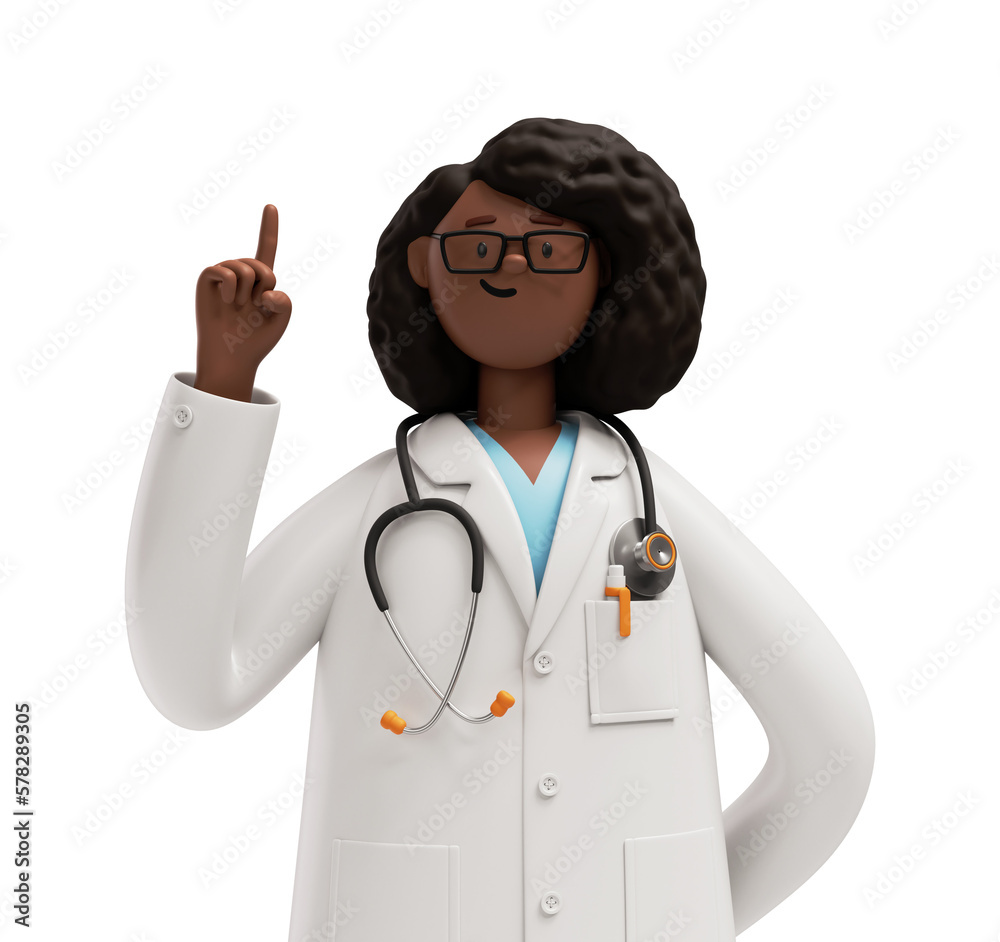 3d rendering. African woman doctor in glasses with finger up ...