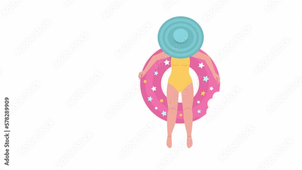 Animated lady on inflatable donut. Sunbathing in swimming pool ...