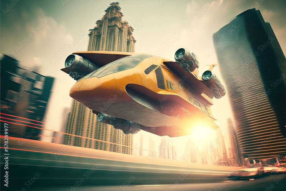 seamlessly merging into background image of futuristic flying urban ...