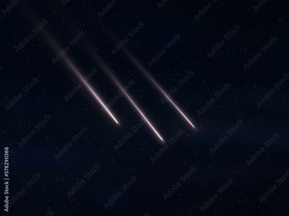 Glowing meteor trails, three beautiful falling stars. Night sky with ...