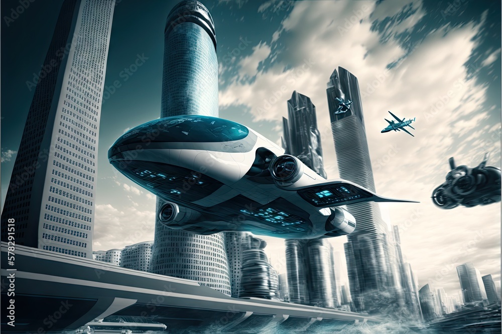 future city with flying urban transport city planning and development ...