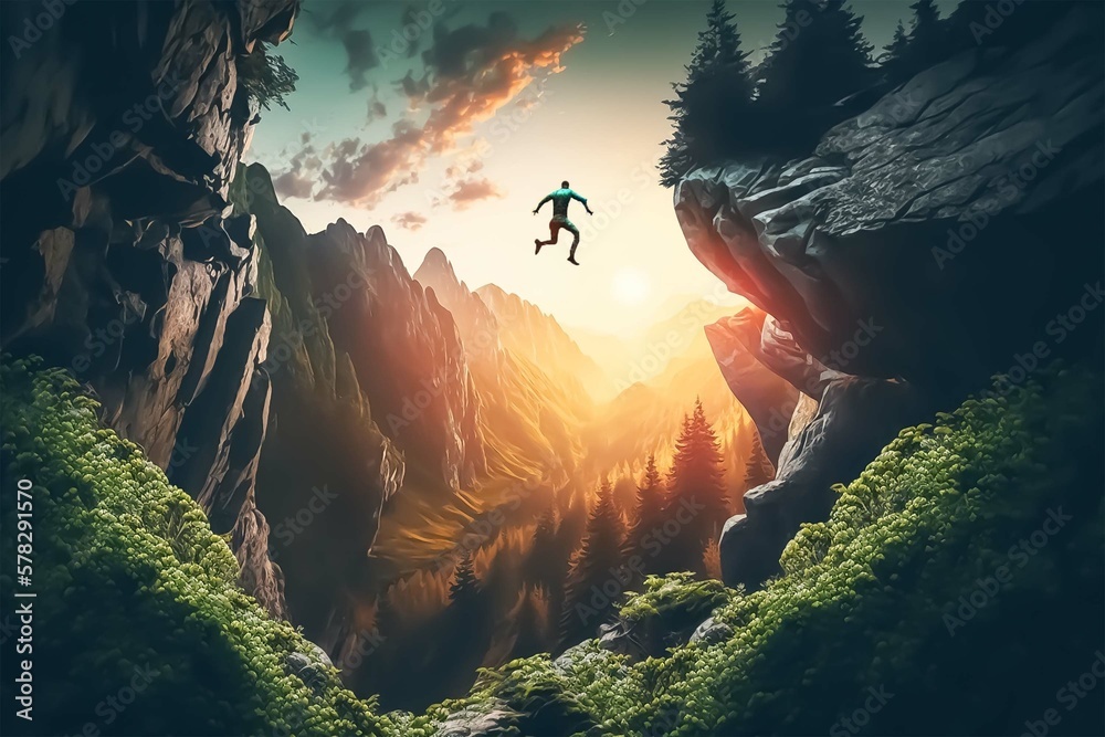 Man jumping over precipice between two mountains with a beautiful green ...