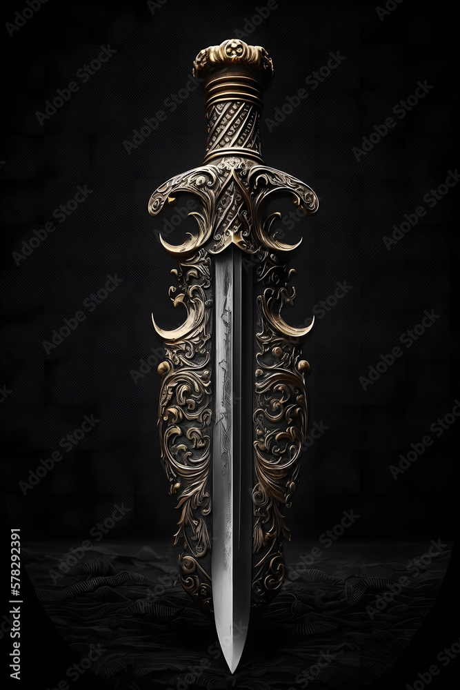 Medieval sword and scabbard. Fantasy golden sword with long blade ...
