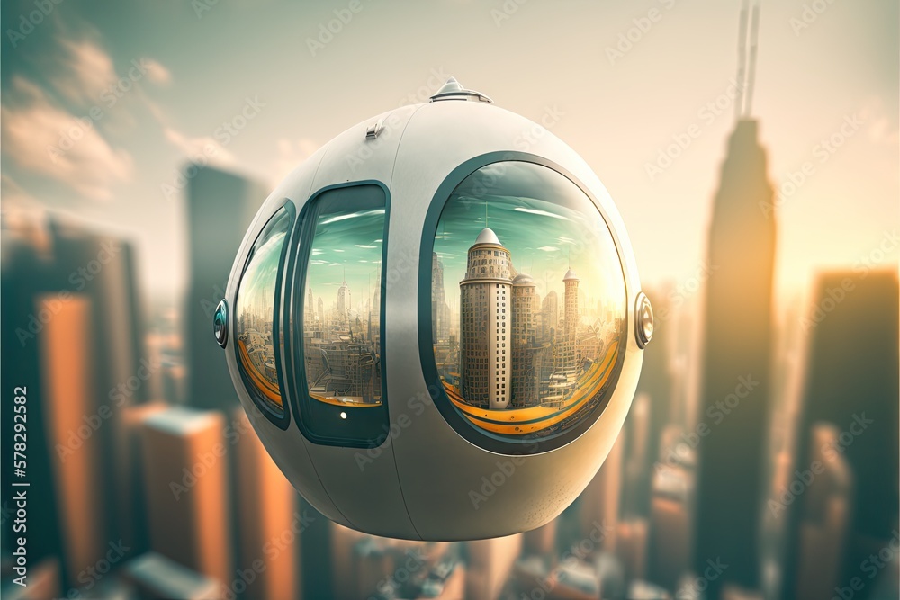 futuristic flying urban transport in form of capsule with windows ...