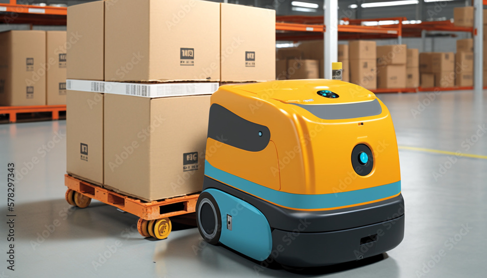 Warehouse with AGV (Automated Guided Vehicle) and boxes. Generative Ai ...