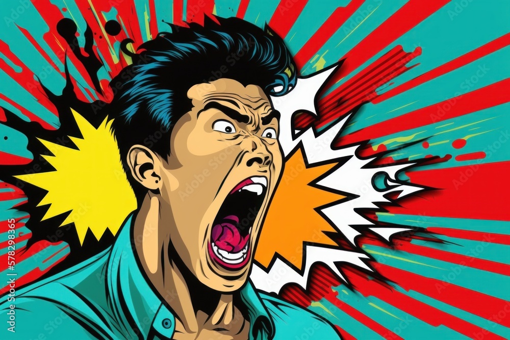 Comic Style Asian Male Shouts on Colorful Pop Art Background ...
