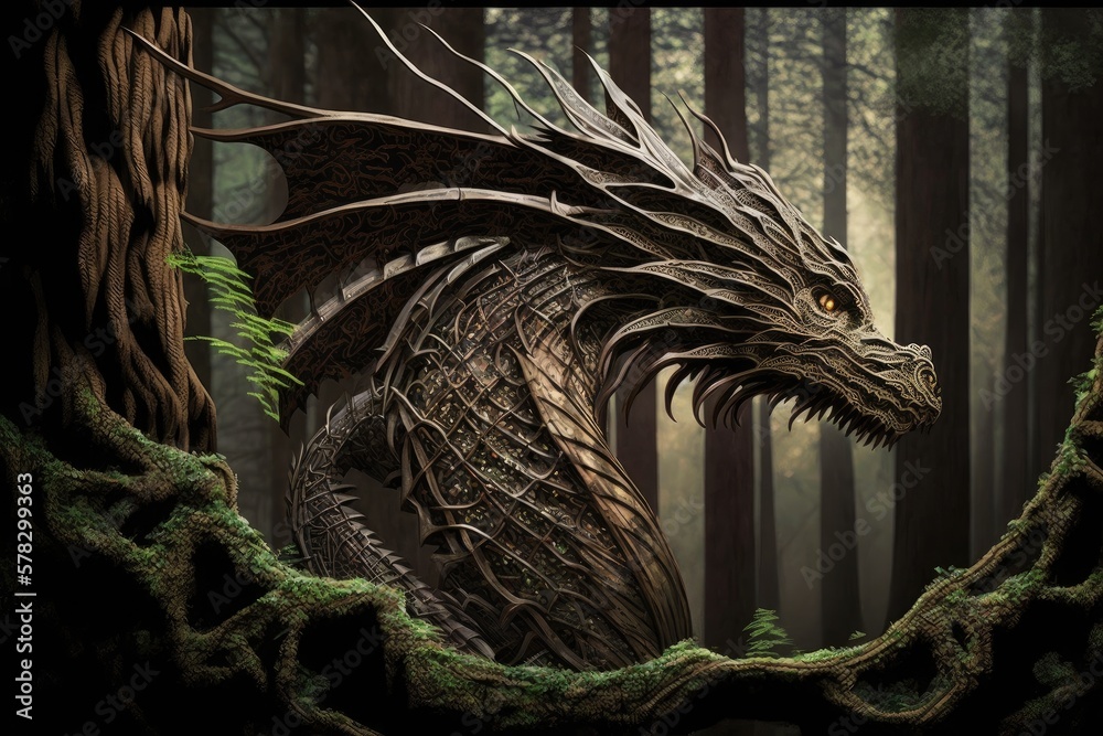 mystical huge forest dragon flew past tufty trees, created with ...