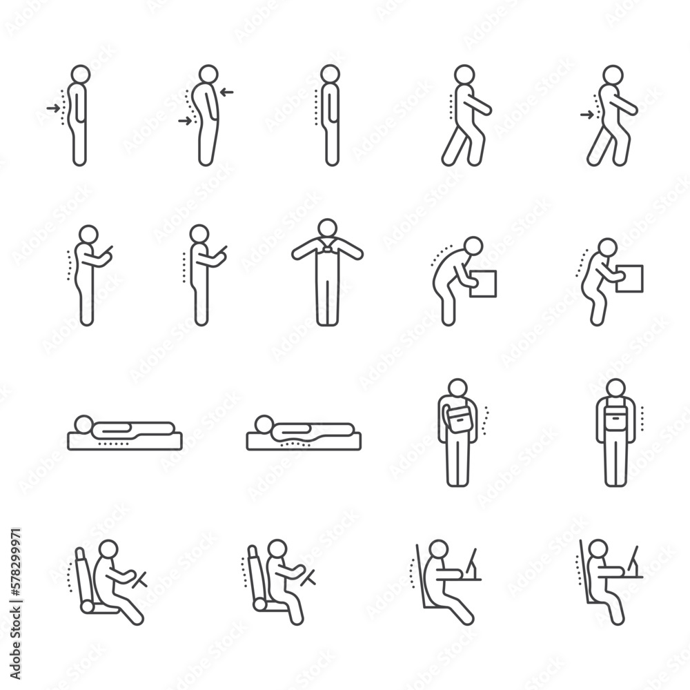 Good posture icon set. Ergonomic. Correct human poses. Line Stock ...
