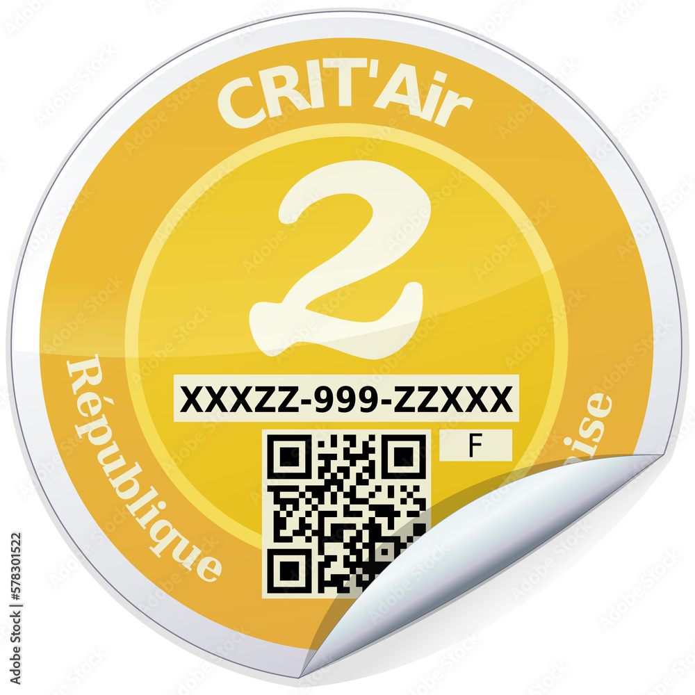 Rounded sticker of a category 2 yellow crit'air label, classification ...