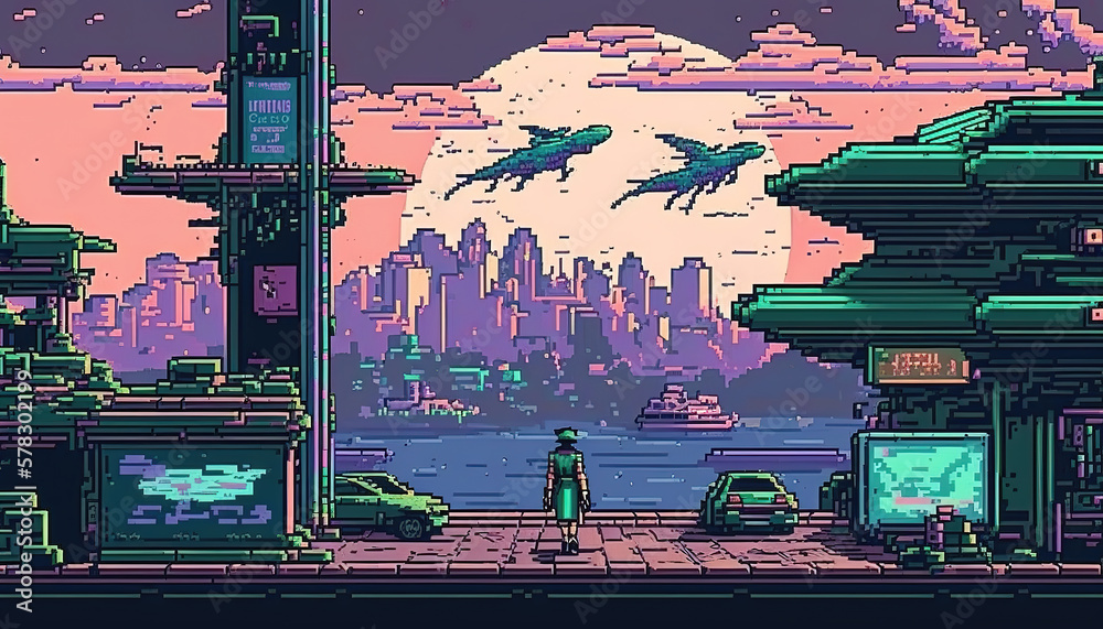 a cool epic scifi pixel art of a man standing in front of a big city with fantasy flying ...