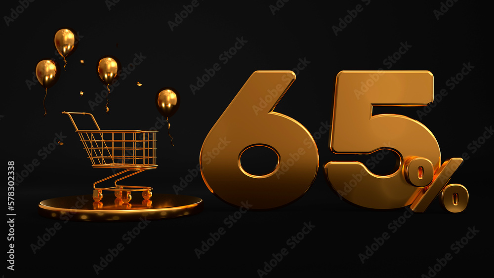Golden inscription, text 65% on a black, dark background with a golden ...
