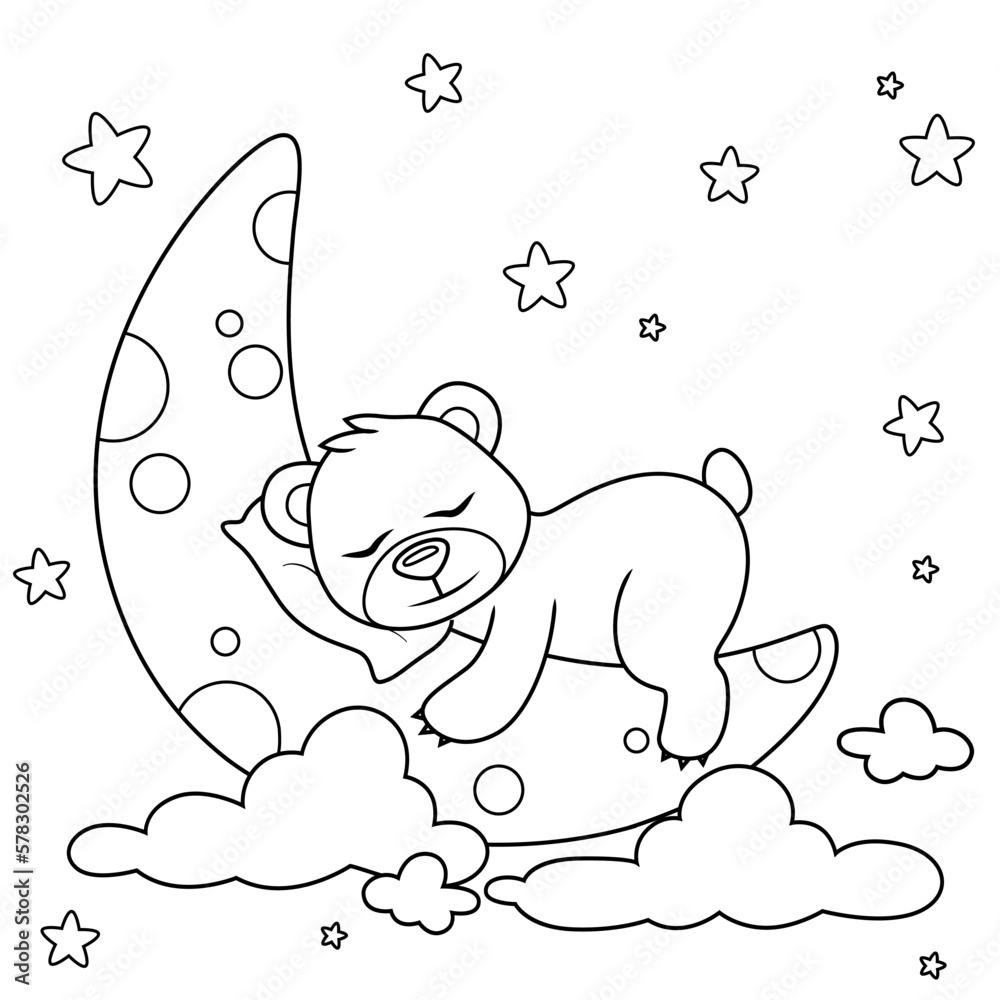 Cute cartoon bear sleeping on the moon in clouds. Black and white ...