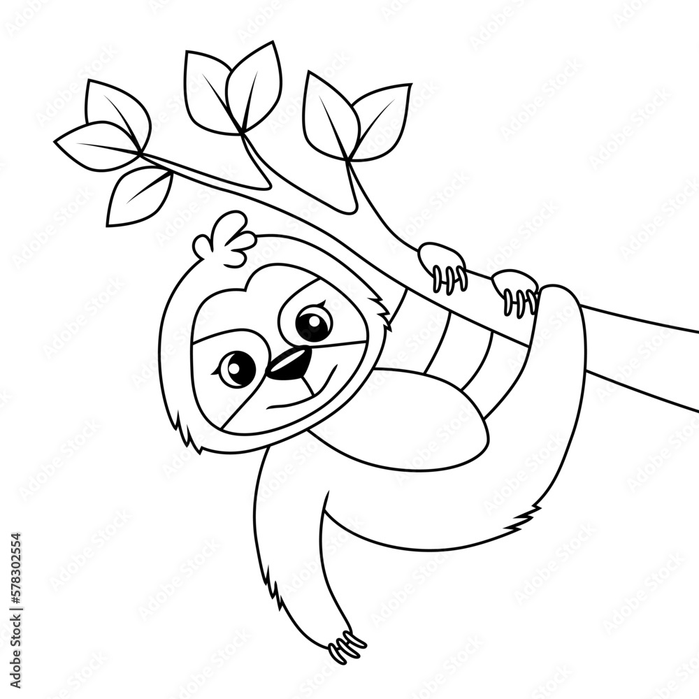 Cute cartoon sloth on tree. Black and white vector illustration for ...