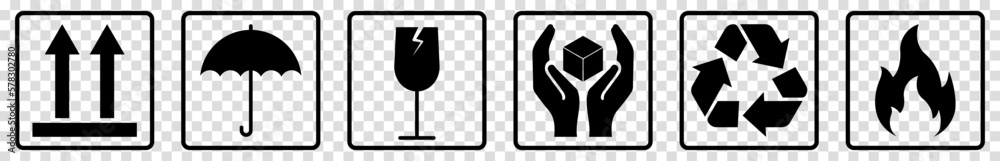 Fragile signs set. Vector illustration isolated on transparent ...