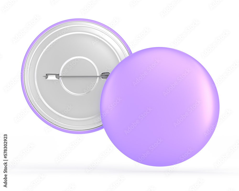 Pin button, purple lapel badge front and back view 3d render. Blank ...