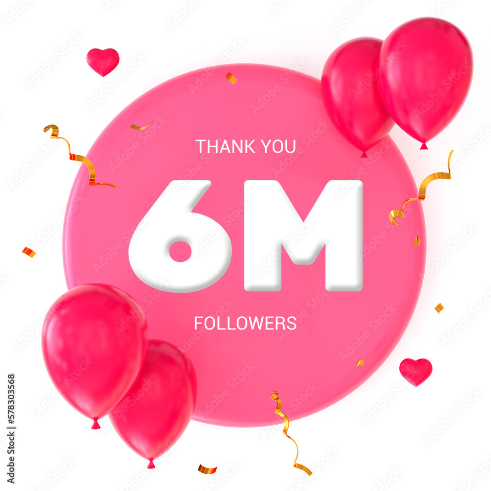 3D render of the letter "Thank You 6M Followers" on a white background ...