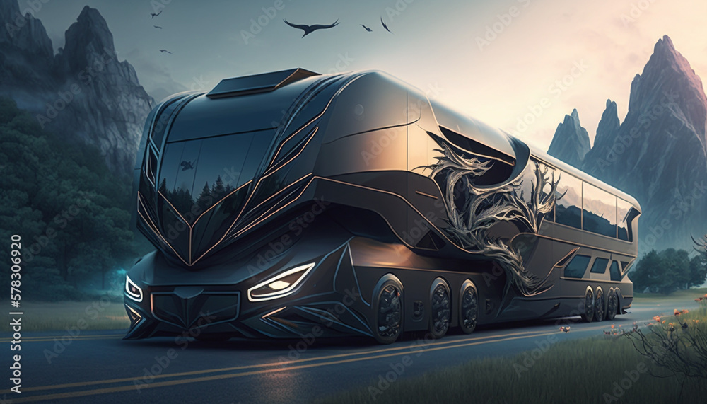 A spacious and luxurious motorhome with futuristic design and a golden ...