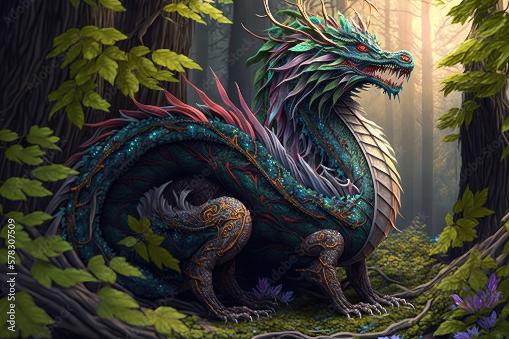 huge powerful magical forest dragon with bright scales, created with generative ai Stock ...