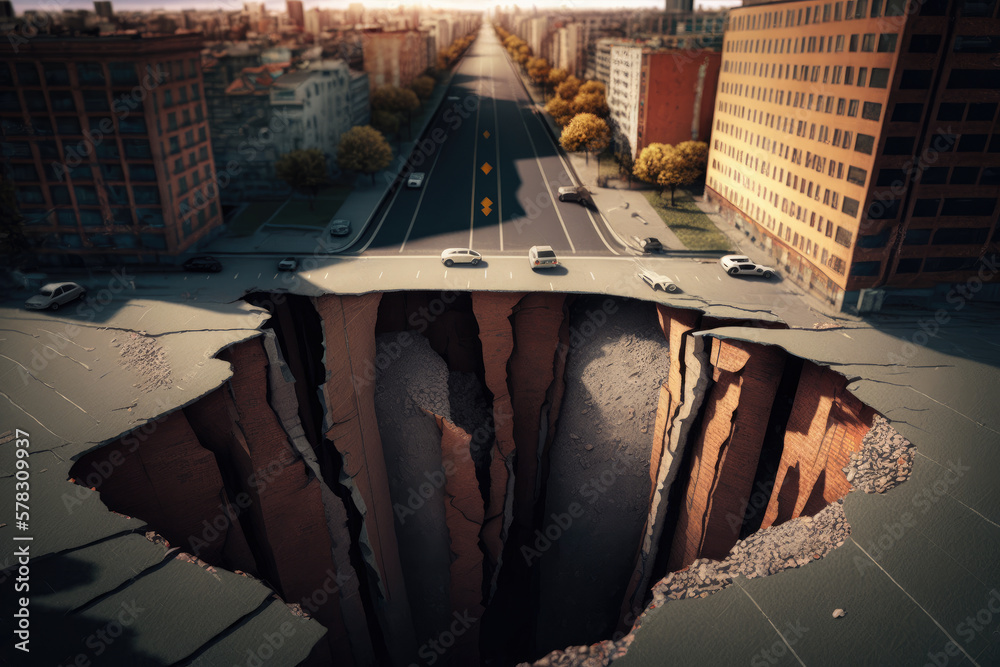 cracked road and big hole in ground in city due to earthquake ...