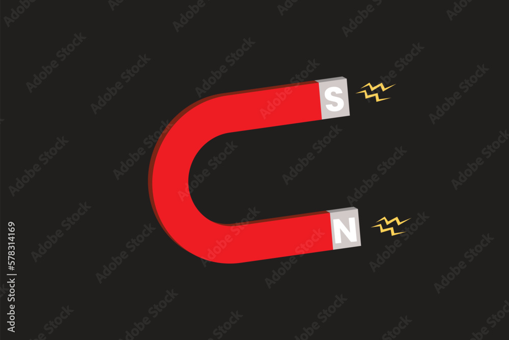 Red horseshoe in cartoon style with magnetic power sign on black ...