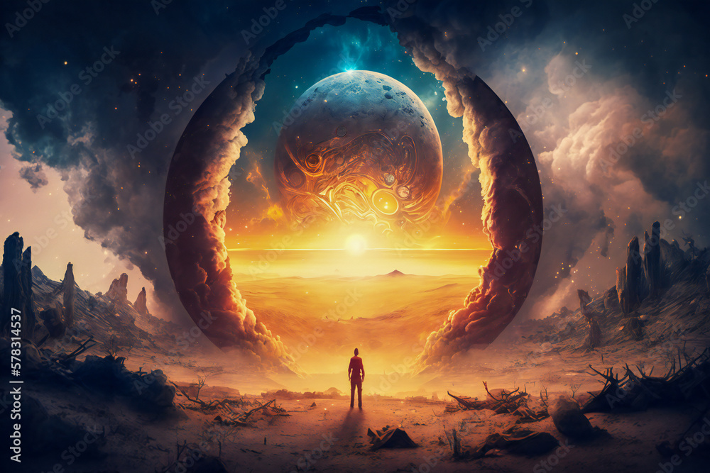Surreal illustration of a person in front of a portal to another world ...