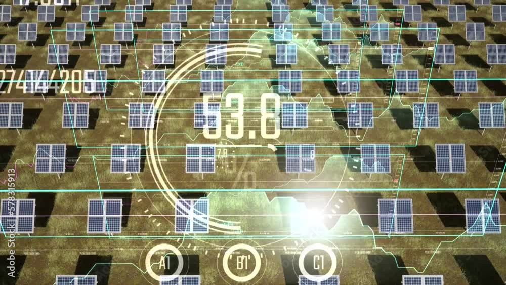 3d render aerial drone view of Solar Panels farm with hud interface ...