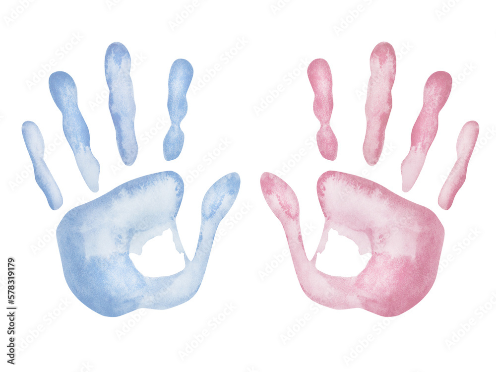 Watercolor illustration. Hand painted blue and pink prints of left and ...