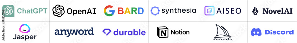 Vetor de set of Ai companies logos : OpenAI ChatGPT, Google Bard ...