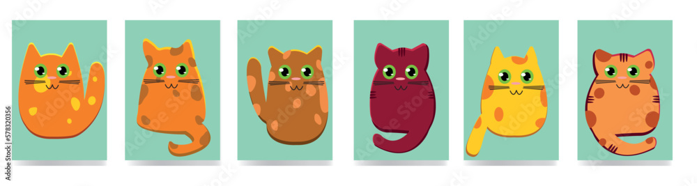 Set of red cartoon cats. Hand drawn illustration. Set red cats.Is ...