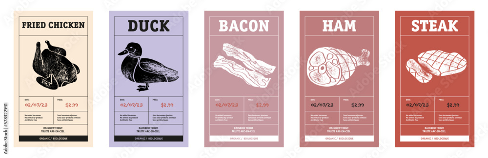 Modern typography banner, hand drawn fried chicken, duck, bacon, ham ...