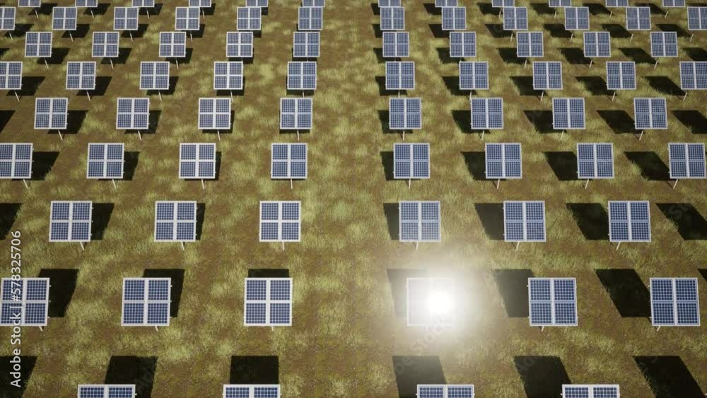 3d render drone aerial view of Solar Panels farm animation. Alternative ...