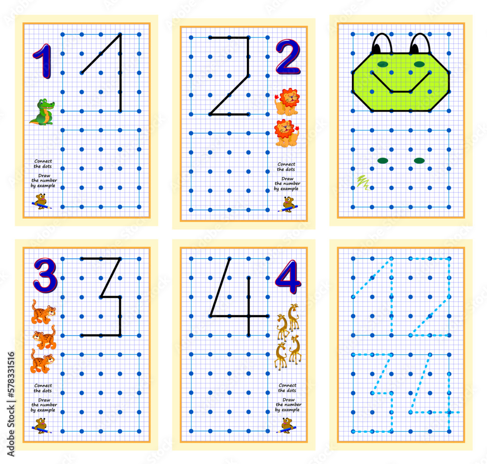 Set of educational pages on square paper for children with numbers from ...