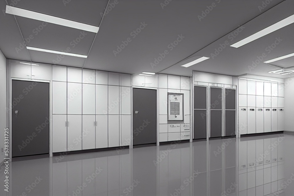 Electrical room with multiple smart meters, cabinets, wiring and fire ...