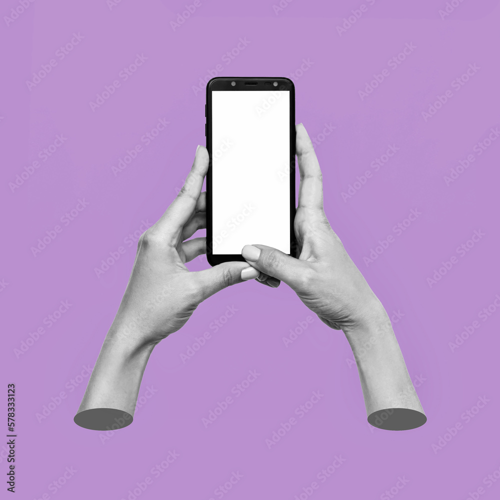 Mobile phone with white screen in female hands isolated on purple ...