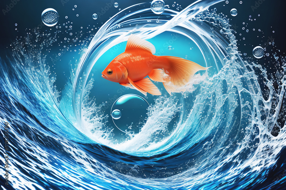 Generative AI illustration. Gold fish jumps out of the sea. Sea wave ...