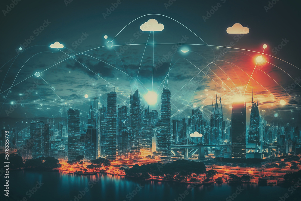 Telecommunication connections above smart city. Futuristic cityscape ...