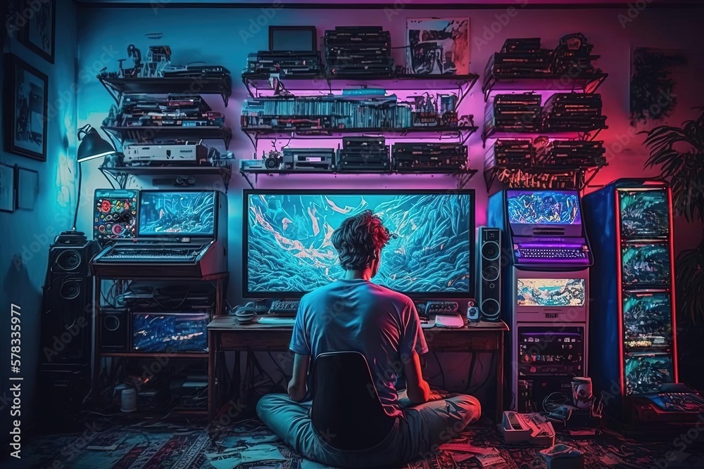 Cyberpunk Art of a Gaming Teen in Computer Room with Influence and ...