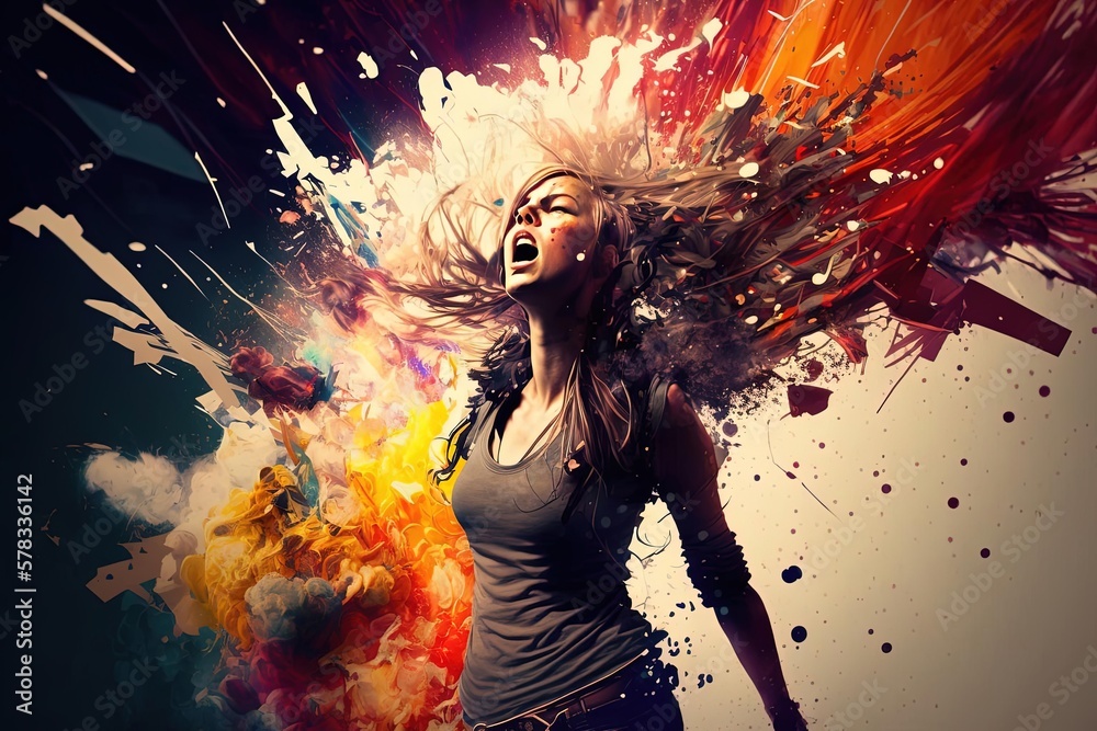 Colorful Shock Art of a Woman Screaming in Desperation with Her Hair ...